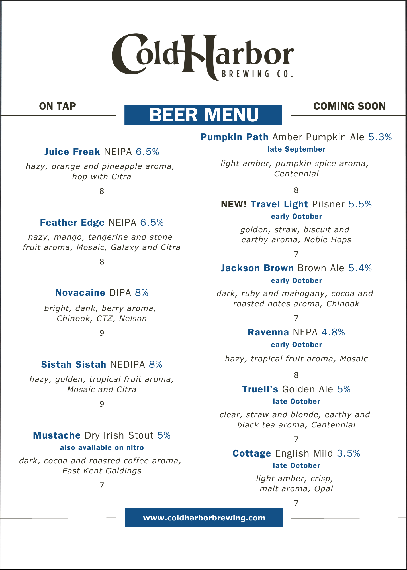 Beer Menu – Cold Harbor Brewing