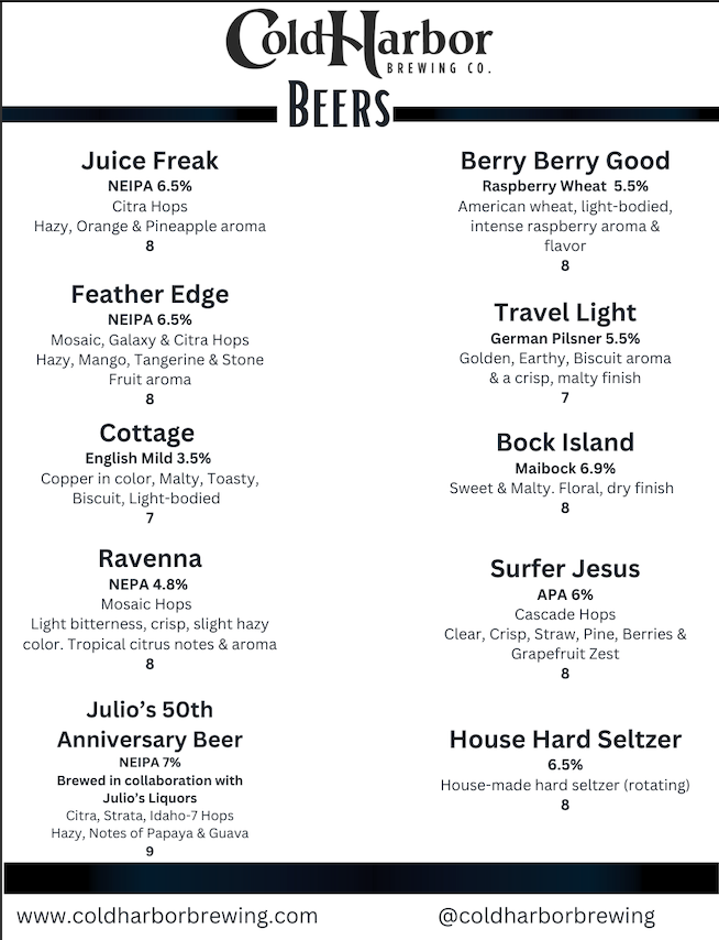 Beer Menu – Cold Harbor Brewing