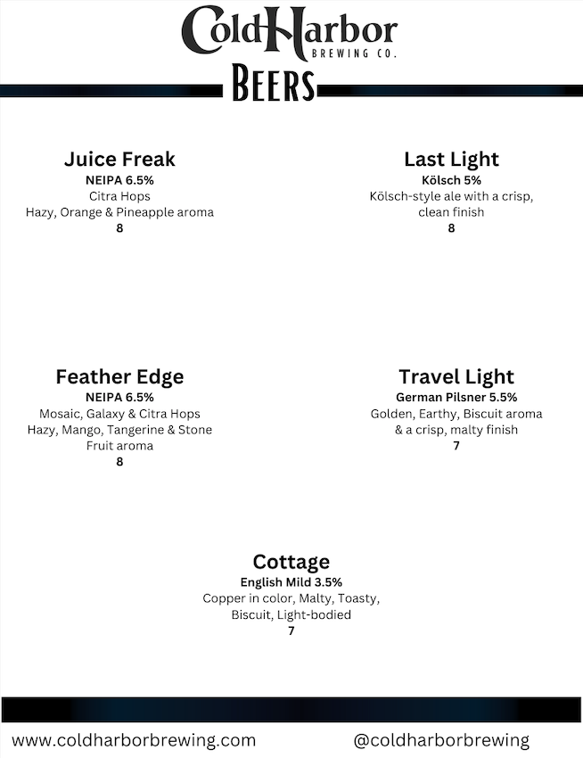 Beer Menu – Cold Harbor Brewing