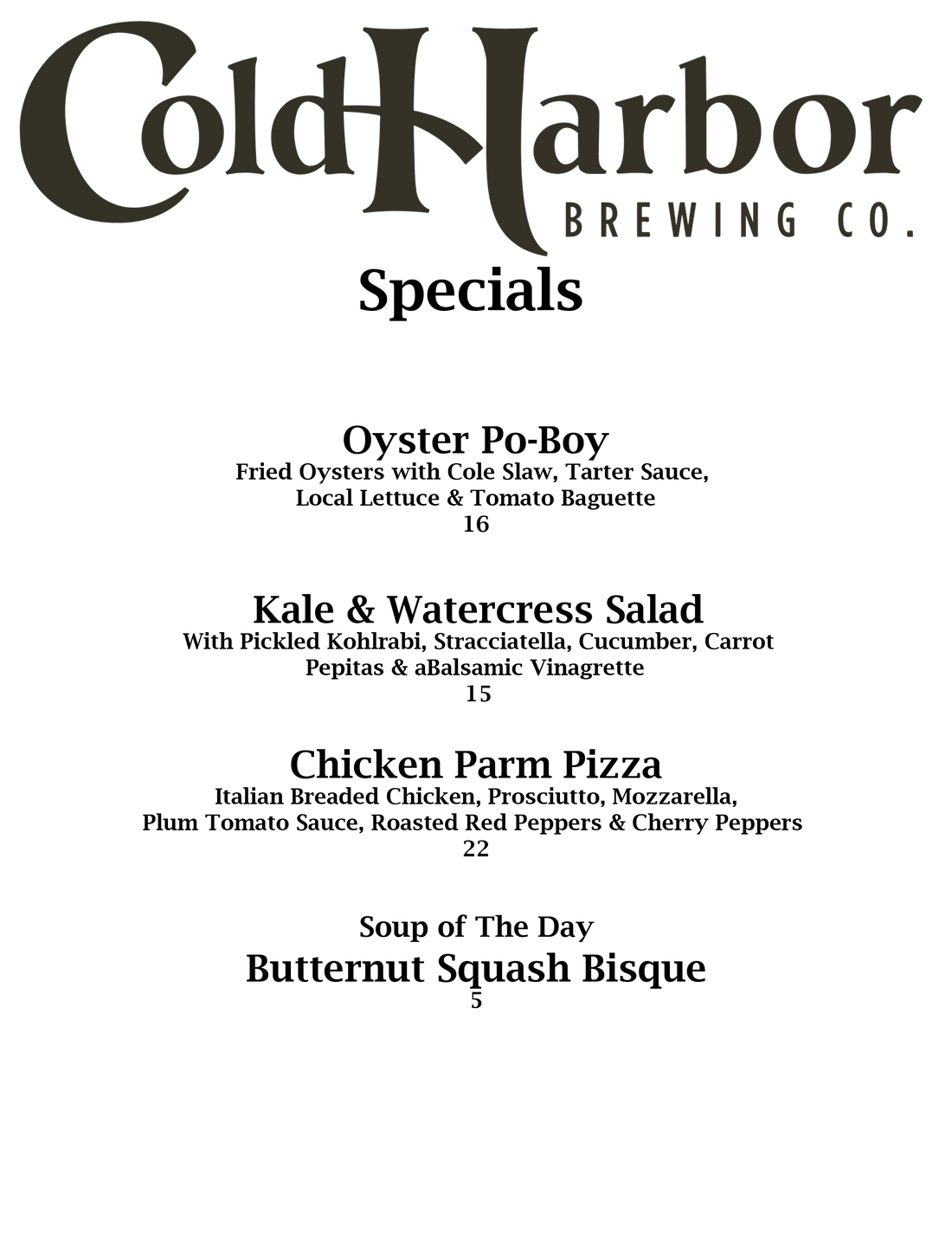 Specials – Cold Harbor Brewing